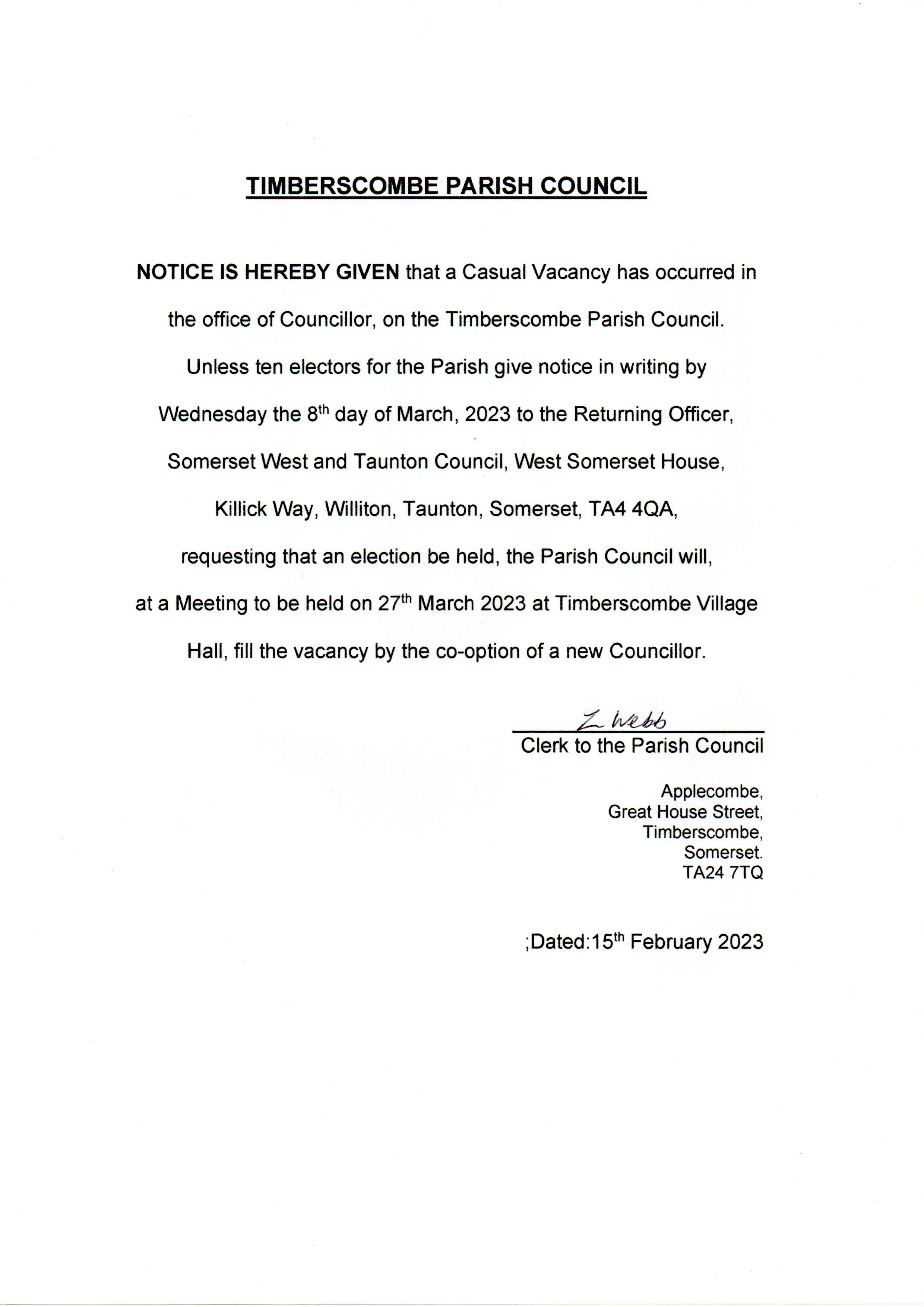 Parish Council Vacancy – Timberscombe