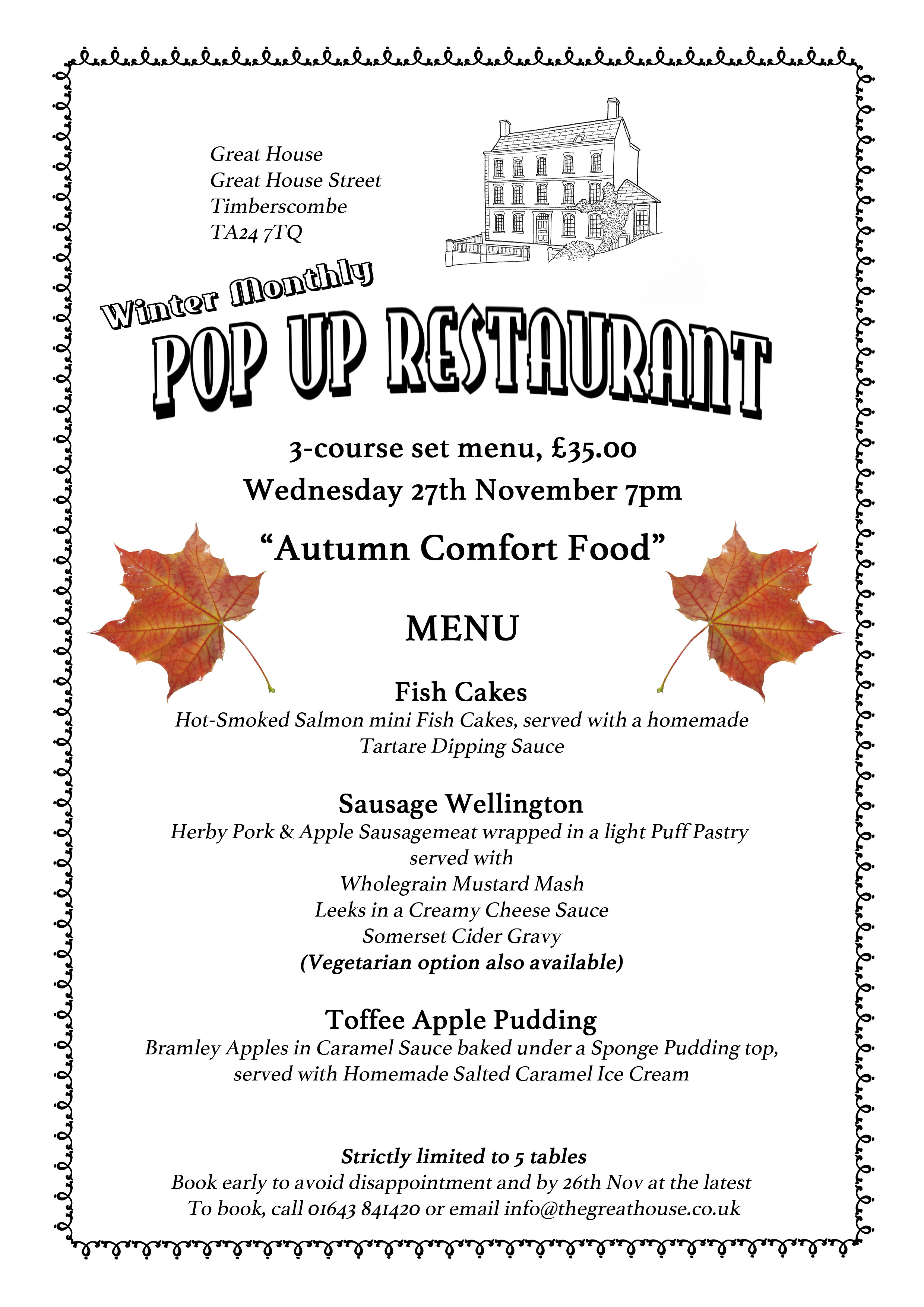 November menu at The Great House – Timberscombe